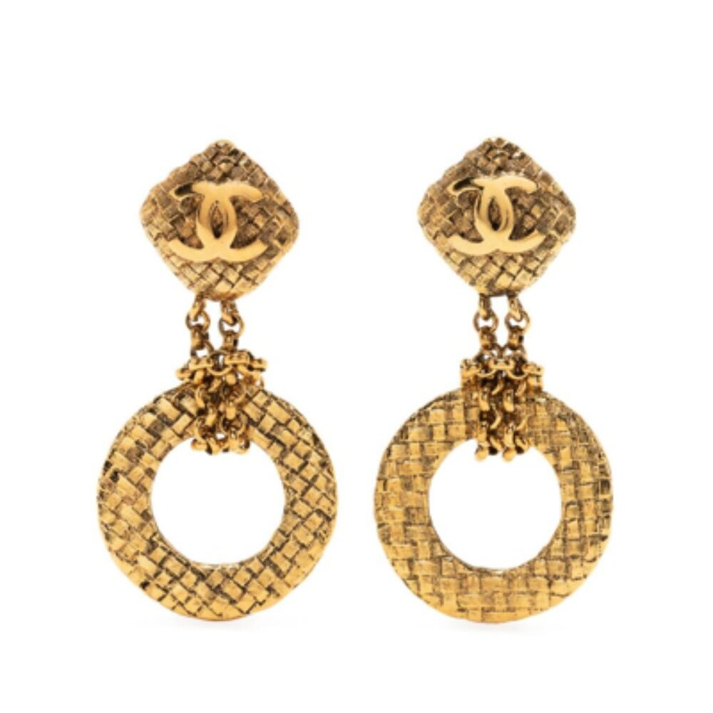 Chanel Woven Quilted Dangle Hoop Coco Earrings Clip-O… - Gem